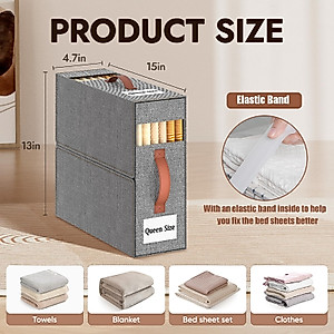 Joymeezo 4 Pack Grey Bed Sheet Organizer, Bedding Sheets Set (Queen & King) Storage Box with a Band, 2 Windows & 2 Handles, Foldable Linen Sheet Storage Container for Closet Organizing