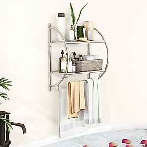 Giantex Bathroom Shelf with Towel Rack - 2 Tier Rustproof Over The Toilet Storage Shelf with Double Towel Bars, 18" W X 10" D X 22" H, Wall Mount Chrome Towel Holder for Living Room, Kitchen (Silver)