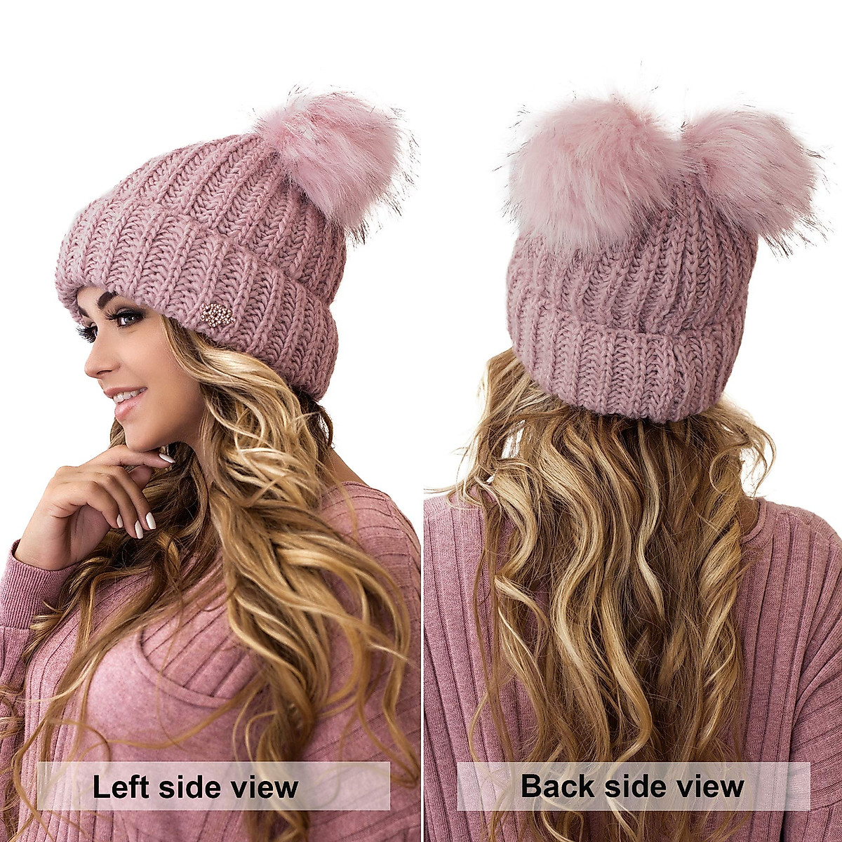 Braxton Beanie Women - 2 Pom Cable Knit Winter Warm Fleece Hat - Wool Snow Cuff Pink Ski Cap