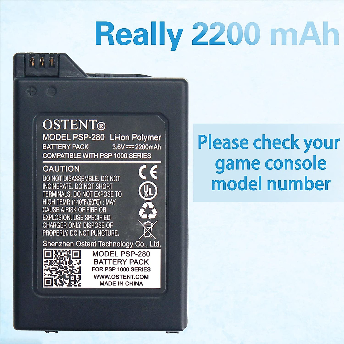 OSTENT High Capacity Quality Real 2200mAh 3.6V Lithium Ion Li-ion Polymer Rechargeable Battery Pack Replacement Upgraded Version for Sony PSP 1000 PSP-280 Console Video Games