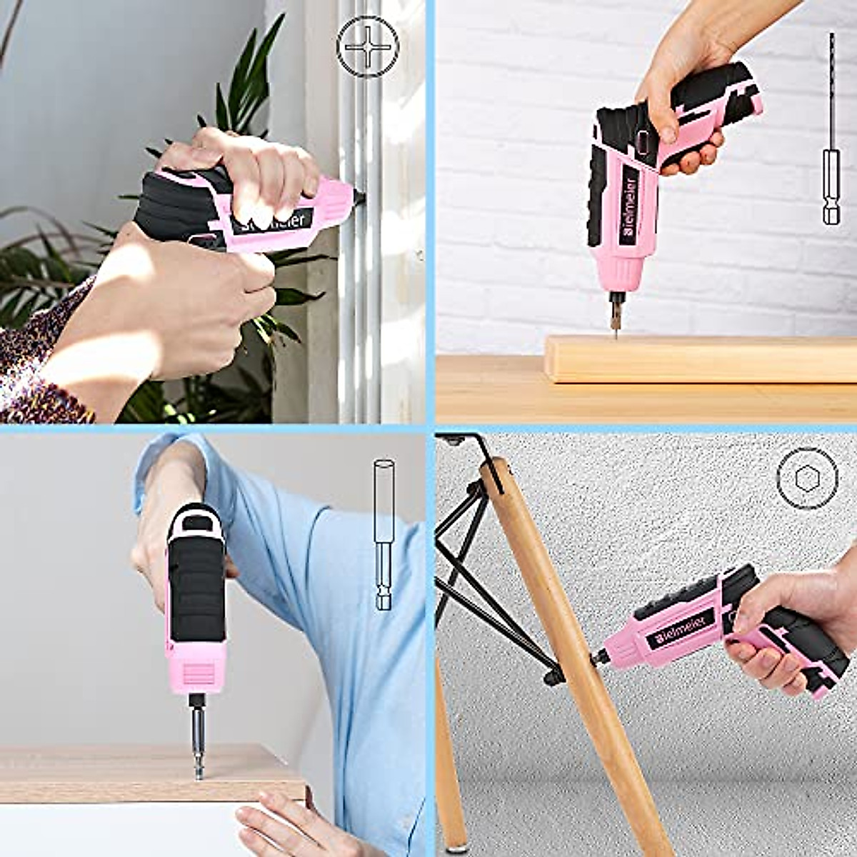 Bielmeier 4V Pink USB Small Power Drill Bit Set for Women,Cordless & Rechargeable with 27 Piece Driver Bit Set,Mini Electric Screwdriver with LED Light and USB Charge