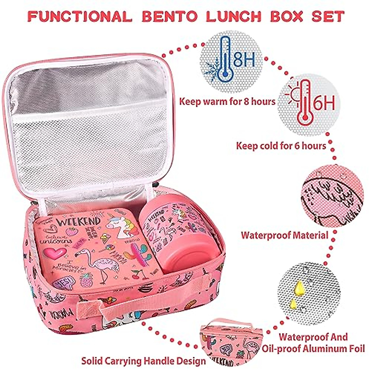 Bento Lunch Box Set for Kids with 10oz Soup Thermo, Leak-Proof Lunch Containers with 4 Compartment, Kids Thermo Hot Food Jar and Insulated Lunch Bag for Kids to School,BPA-Free(Flamingos)