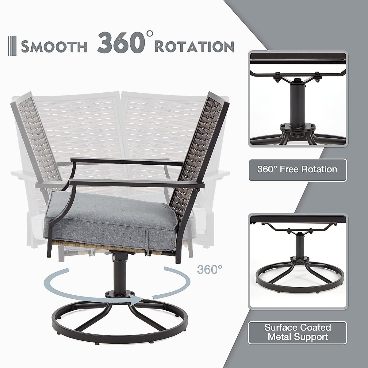 MELLCOM Patio Swivel Chairs Set of 2, Heavy Duty Outdoor Swivel Chairs with Removable Cushions, Patio Rattan Wicker Decoration Chairs for Garden Lawn & Porch, Backyard, Balcony, Gray