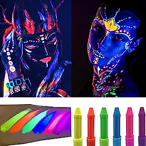 Face Paint Crayons Glow in The Dark Body Painting Kit Under UV and Black Light Makeup Non-Toxic for Halloween Masquerades Easter Festivals Party Supplies (6 Colors)