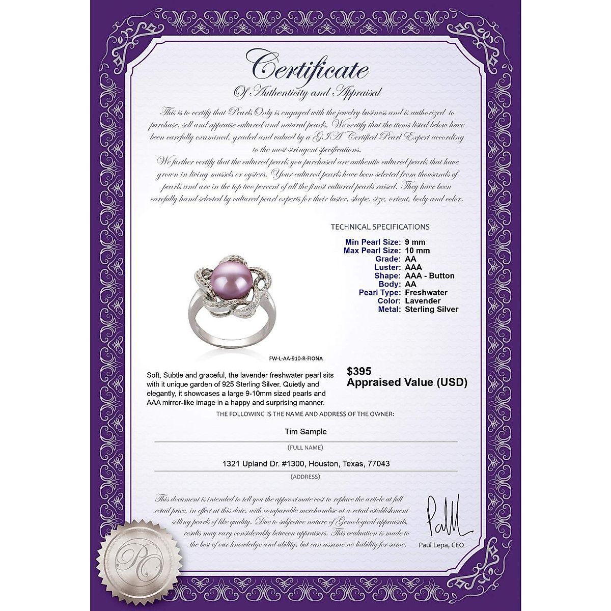 Fiona Lavender 9-10mm AA Quality Freshwater 925 Sterling Silver Cultured Pearl Ring For Women - Size-7