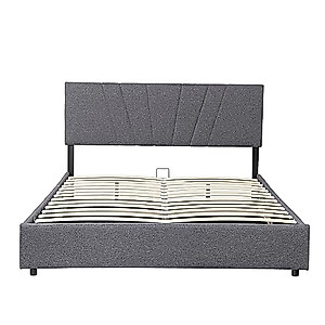 HAUSHECK Upholstered Platform Bed Full Size - Bed Frame with Headboard & Hydraulic Storage System, Wooden Slats Support Mattress Foundation, Modern Linen Fabric Bed Frames No Box Spring Needed