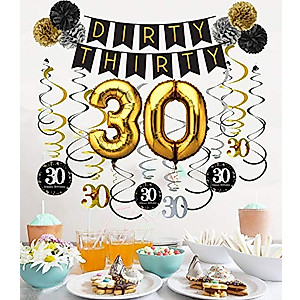 Dirty Thirty Banner with Pom Poms 30th Glittery Hanging Streamers 30 Years Old Balloons for 30th Happy Birthday Party Decorations Pack