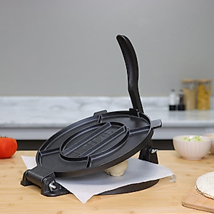 Lot45 Tortilla Press 12 inch - Cast Iron Manual Roti Maker Dough Press for Corn Tortillas, Tamales, Chapati, Naan Bread, Pizza Dough with 50 Parchment Paper Sheets