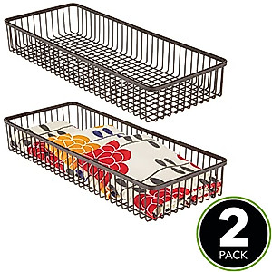 mDesign Metal Farmhouse Kitchen Cabinet Drawer Organizer Basket Tray, Shallow Storage Bin for Cutlery, Serving Spoons, Cooking Utensils, Appliances, Gadgets, Unity Collection, 15" Long, 2 Pack, Bronze