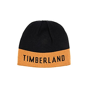 Timberland Men's Reversible Logo Jacquard Beanie, Wheat/Black, One Size