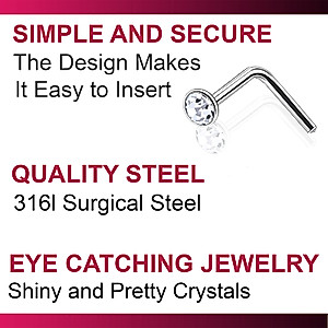 3Pcs L Shaped Nose Ring 18g Surgical Stainless Steel And 20g Retainer Nostril Piercing Studs Jewelry 2.5mm Clear Crystal