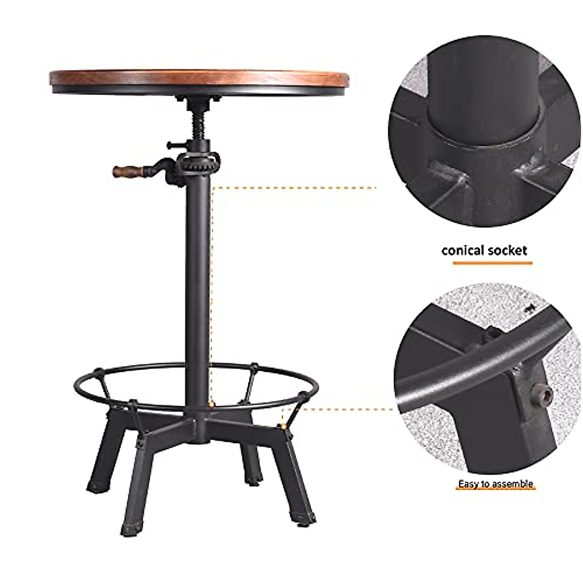 Topower Industrial Pub Table 23.65" Round Wood Top Adjustable Height 33.5"-39.4" with Handle Black Bar Table