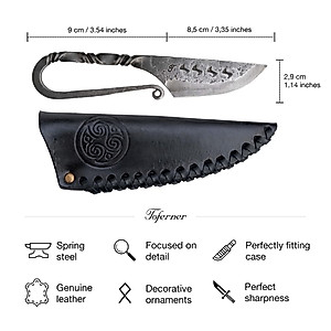 Toferner Celtic Pocket Knife, Hand Forged Knife with Black Leather Case, Hardened Blade, Vintage, Antique Art Collecting, Original Gift Idea