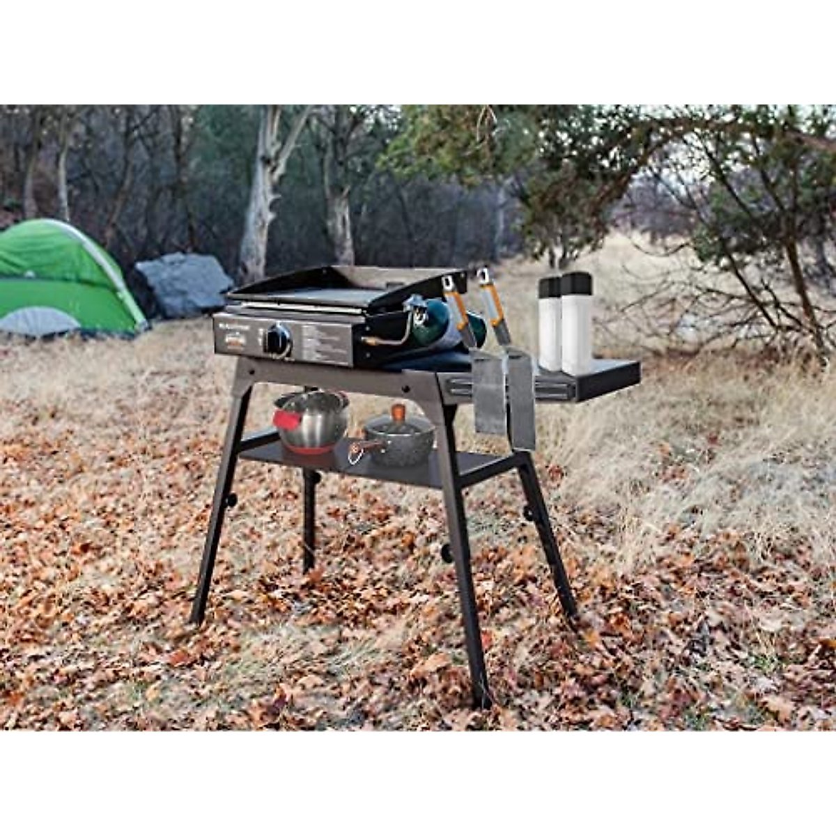 Foldable Blackstone Griddle Stand with Lower Shelf and Side Shelf, Compatible with Blackstone 17 Inch, 22 Inch Tabletop Griddle, Legs with Leveling Feet, Dual Adjustable Height