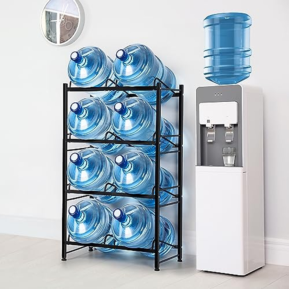 smusei 5 Gallon Water Bottle Holder Water Jug Holder 4 Tier Heavy Duty Water Jug Rack for 8 Bottles Detachable 5 Gallon Water Jug Stand Organizer Shelf for Home Kitchen Office, Black