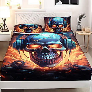 AILONEN 3D Skull Fitted Sheet Set Full Size, Music Headset Skull Bed Sheet Set,3 Pieces Hip Hop Skull Sheet Set for Boys Men,Fire Skeleton Fitted Sheet with 2 Pillowcases
