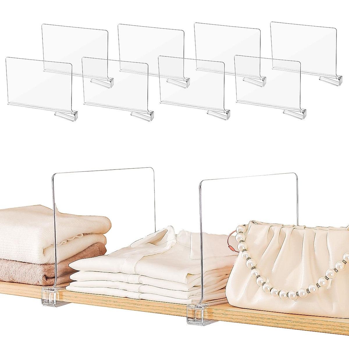 Sclvdi Acrylic Shelf Dividers,8 Pcs Closets Shelf Organizer for Clothing Handbags Books in Pantry, Bedroom and Kitchen, Adjustable Clear Closet Separator Wood Shelves Organize(11.1x 8.1)