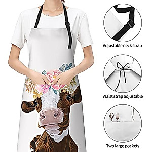 SUCUWINY Cow Apron Waterproof Chef Kitchen Fun Cow Print Apron White Apron with 2 Pockets Funny Aprons for Adults Cooking BBQ Aprons Baking Gifts
