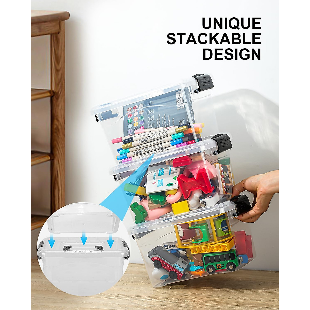 EOENVIVS Plastic Storage Bins 7 Quart-Storage Organizer Bins with Black Buckle Lids, Stackable Storage Bins with Lids for Home Office Kids Room Closet School Art Supplies Organization,6 Packs, Clear