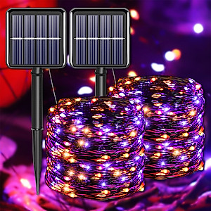 YAOZHOU Halloween Decorations Outdoor Lights, Solar String Lights Purple Orange IP67 Waterproof 2 Pack Total 200 LED 66FT 8 Modes Fairy Lights, Outside Fall Decor for Tree, Garden, Patio, Fence, Lawn