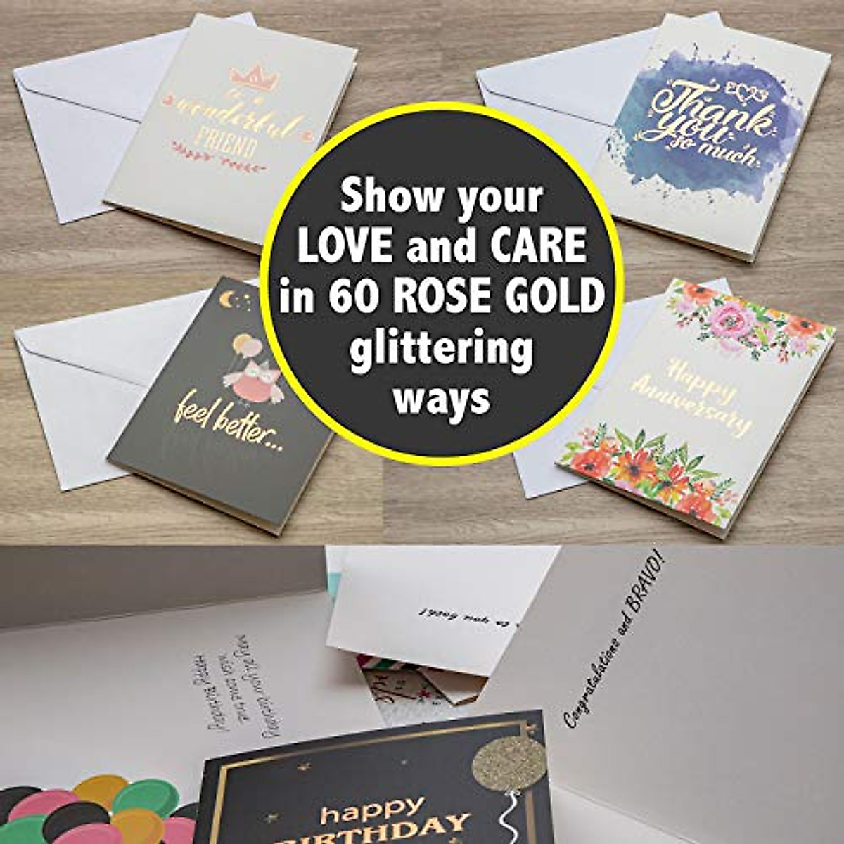 40 Unique Birthday Cards + 20 All Occasion Greeting Cards, Individually Packed Rose Gold Foil Large 5”x7” Thank You, Anniversary Cards, Simple Message Inside, Magnetic Box Variety Set w/Thick Envelope