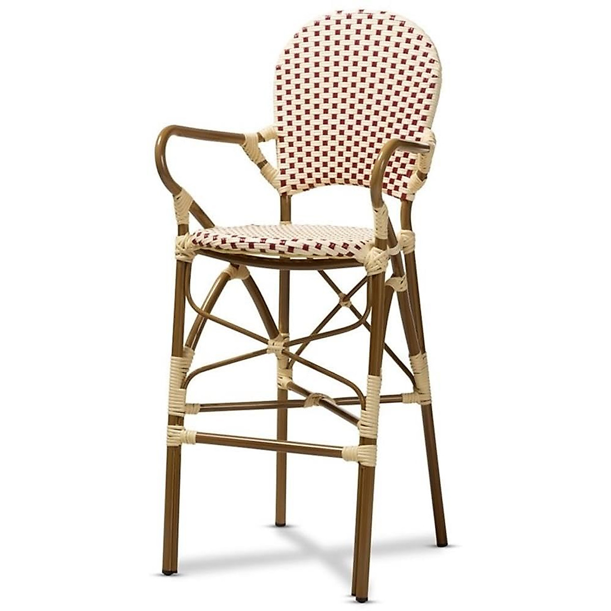 Baxton Studio Marguerite Classic French Indoor and Outdoor Beige and Red Bamboo Style Stackable Bistro Bar Stool