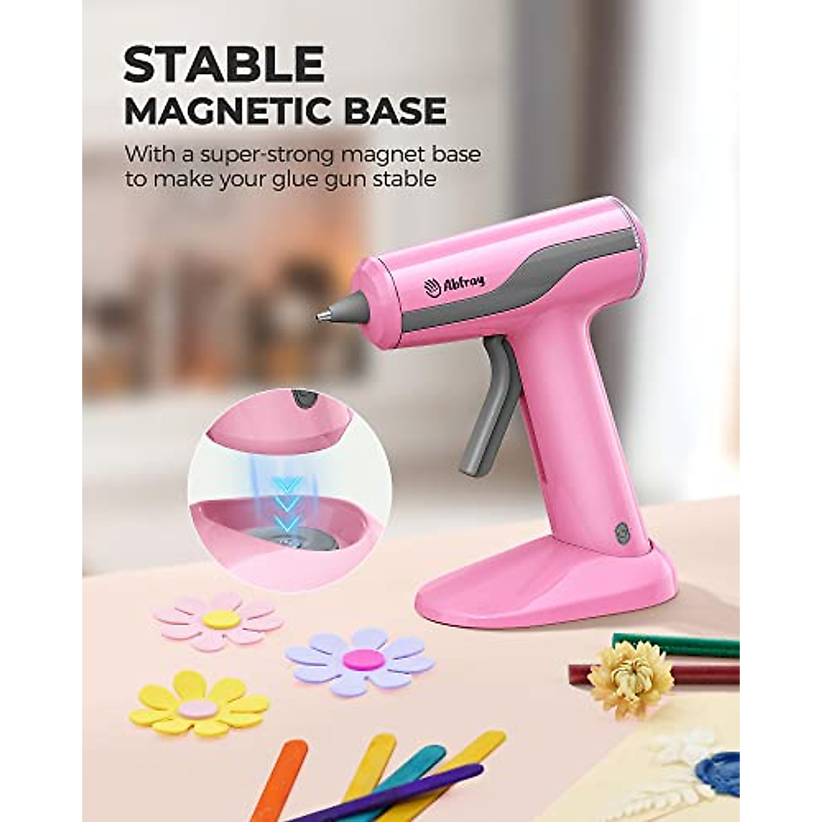 Cordless Hot Glue Gun Kit, Fast Preheating Glue Gun with 30 Pcs Glue Sticks and 50 Colored Wooden Craft Sticks, Smart Power-Off Hot Melt Glue Gun with Carrying Bag