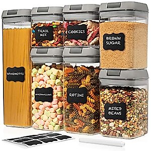 Shazo Airtight Container Set for Food Storage - 7 Piece Set + Heavy Duty Plastic - BPA Free - Airtight Storage Clear Plastic w/Gray Interchangeable Lids kitchen counter storage Bin -18 Labels+Marker