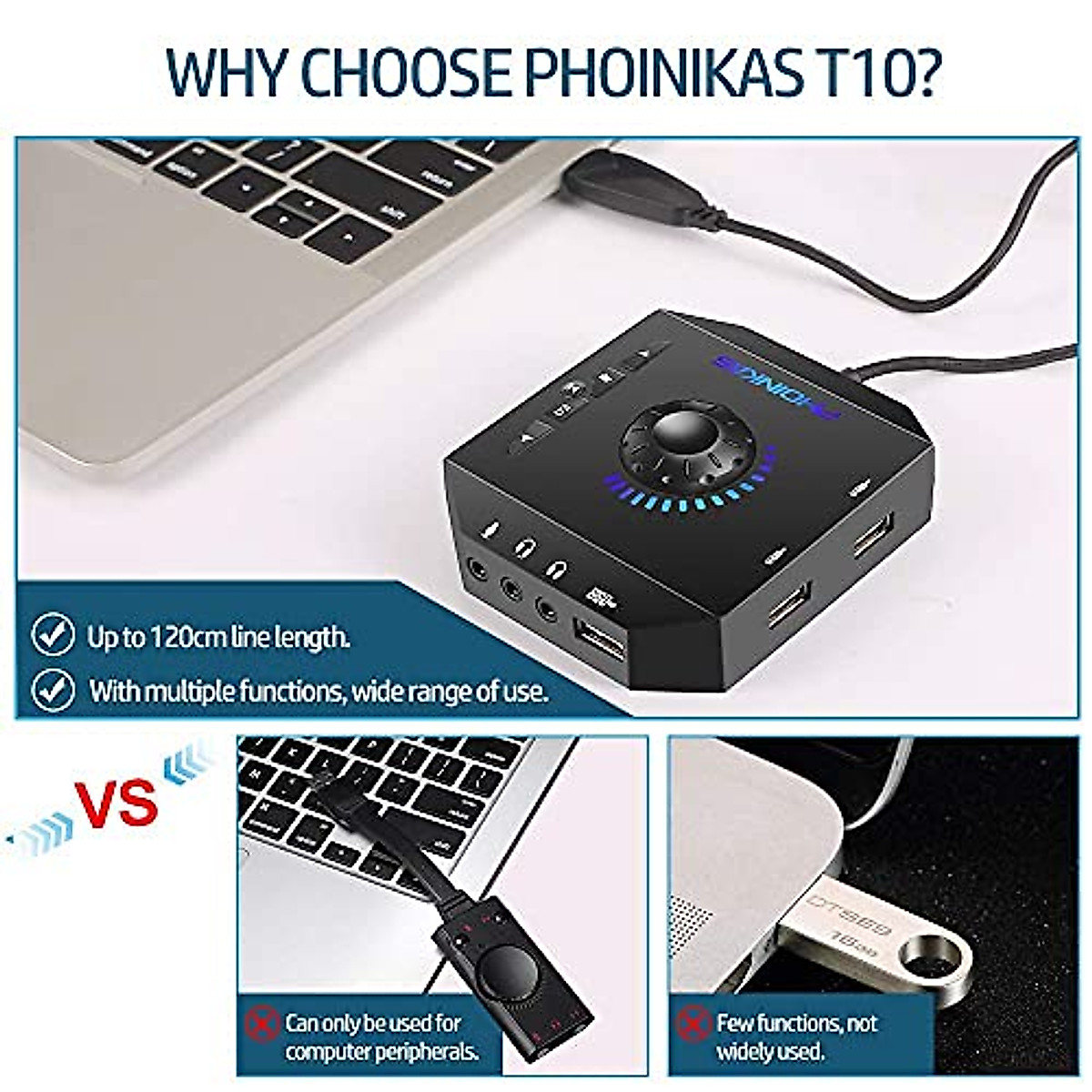 T10 External Sound Card, PHOINIKAS USB Audio Adapter for PC Windows, Mac, Linux, Laptops, Desktops, Stereo Sound Card with 3.5mm Interface & USB Interface, Volume Control, Plug & Play (6-in-1, Black)