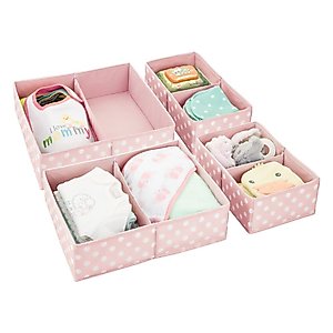mDesign Soft Fabric Dresser Drawer and Closet Storage Organizer for Child/Kids Room, Nursery - Divided 2 Compartment Organizer - Fun Polka Dot Print, Set of 4 - Pink with White Dots