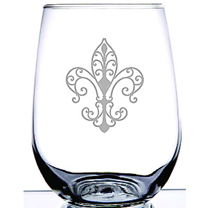 Fleur De Lis Design | Precision Laser Etched Permanently Melts the Design Into the Glass Creating a Frosted Appearance on This15 Ounce Clear Stemless Wine Glass