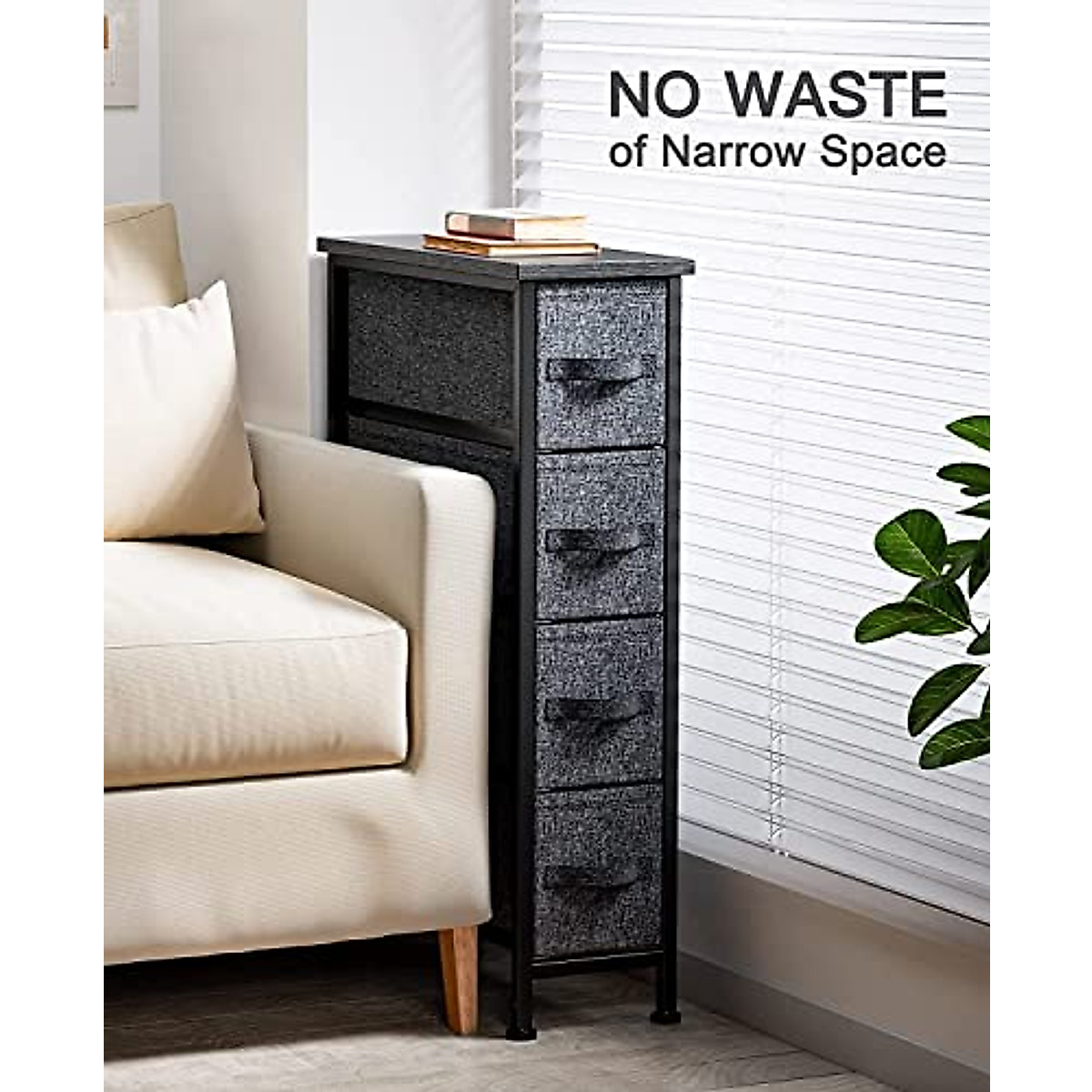 Pipishell Fabric Dresser, Narrow Vertical Dresser Chest Storage Tower with 4 Fabric Drawer, Tall Storage Dresser for Bedroom, Living Room, Small Space Decor, Black