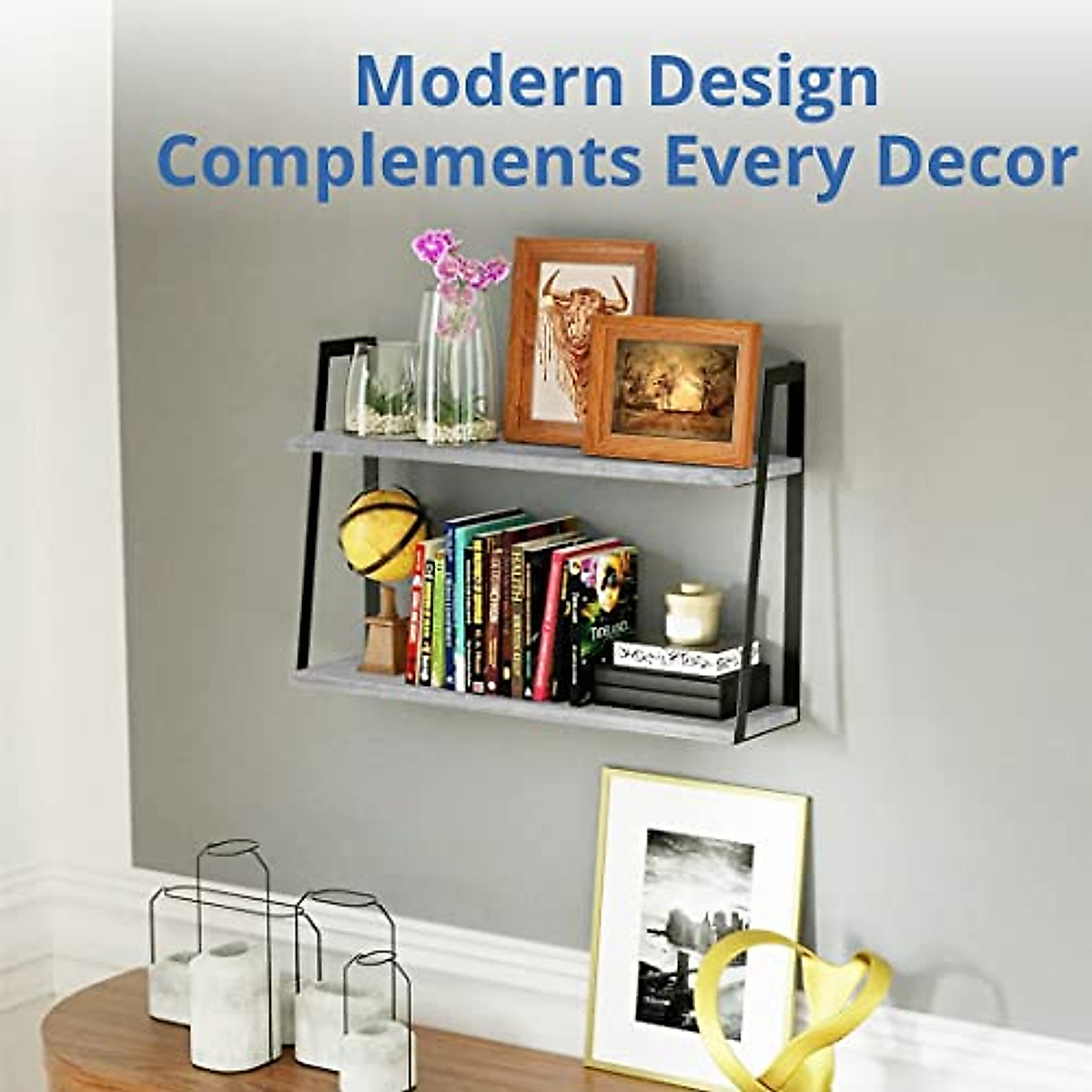 Halter 2 Tier Rustic Floating Wall Shelves for Bedroom, Bathroom, Mounted Hanging Bookshelf Storage, Oragnizer, Living Room, Kitchen, or Laundry Room, Set of 2 Shelves, Brackets Included, Gray Wood