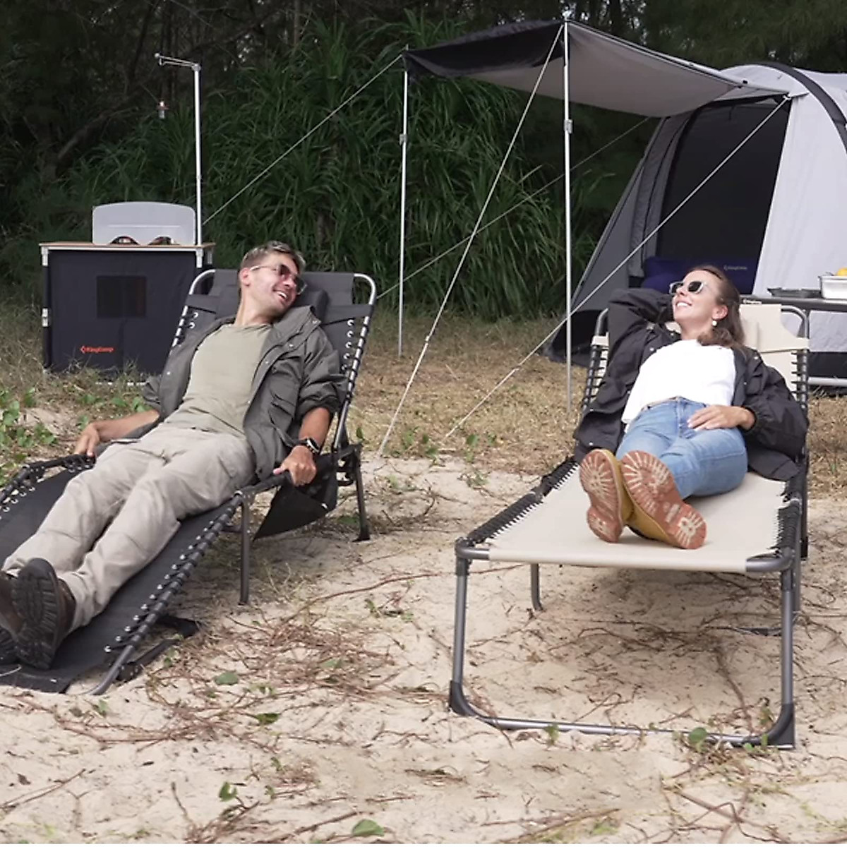 KingCamp Oversized Adjustable Folding Chaise Lounge Chair for Outdoor Patio Beach Lawn Pool Sunbathing Tanning, Heavy Duty Portable Camping Recliner with Pillow, Supports 330lbs, Black