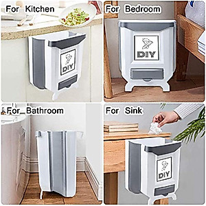 XIJING Small Hanging Kitchen Trash Can, Portable Mini Garbage Can and Collapsible Compact Trash Bin for Kitchen Cabinet Door Drawers, Room, Car, Bedroom Plastic Waste Bin - 9L/2.4 Gallon (White)