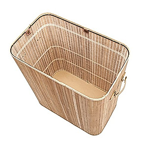 QUGANGKU Large Storage Laundry Basket with Cover, Wood Color Damp Proof Bamboo Double Folding Hamper Durable Portable Washing Bin with Liner and Handles