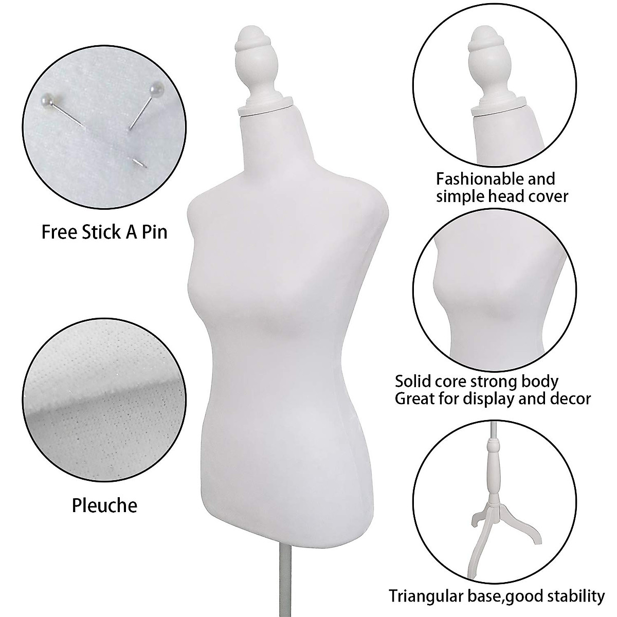 Female Mannequin Torso Dress Form Manikin Body Sewing Mannequins w/ Wooden Tripod Base Stand 58"-67" Adjustable Height