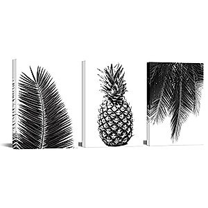 Nachic Wall - 3 Piece Black and White Canvas Wall Art Hawaii Pineapple Tropical Leaves Picture Painting on Canvas for Bedroom Bathroom Wall Decor Stretched Canvas Wrapped Ready to Hang