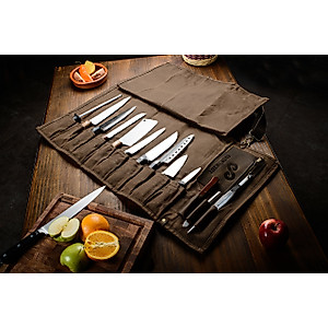 EVERPRIDE Waxed Canvas and Leather Chef Knife Roll Bag – Chef Bag Holds 10 Knives up to 18” PLUS Pocket for Cooking Accessories – Durable Knife Case for Professional Chefs – Knives Not Included