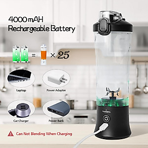 Portable Blender, VKYOZVA Personal Blender for Shakes and Smoothies, 20 OZ Mini Blender with 6 -leaf Sharper Blades, USB Rechargeable Blender Travel Lid with 2 Straws For Home, Kitchen, Office, Gym
