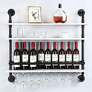 HAOVON Industrial Pipe Shelf Wine Rack Wall Mounted with 9 Stem Glass Holder,3-Tiers Rustic Floating Bar Shelves Wine Shelf,36in Real Wood Shelves Wall Shelf Unit,Pipe Shelving Glass Rack