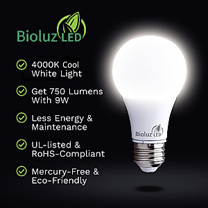Bioluz LED 60 Watt LED Light Bulbs 4000K Cool White 9 Watts = 60W Non-Dimmable A19 LED Light Bulbs 6 Pack