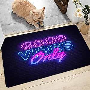 Manicer Neon Area Rug, Blacklight Good Vibes Only UV Reactive Non-Slip Door Throw Rug Fluorescent Flannel Floor Mat Carpet, Glow in The Dark Play Mat for Bedroom, Playroom - 19.7" x 31.5"