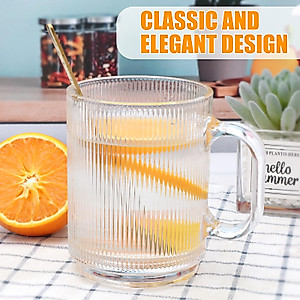 Cadamada 12 oz Glass Coffee Mugs with Handle, Classic Vertical Stripes Glass Coffee Cups, Transparent Tea Cup for Beverages, Latte,Glassware Set for Americano, Cappuccino,Hot Milk,2 Pack