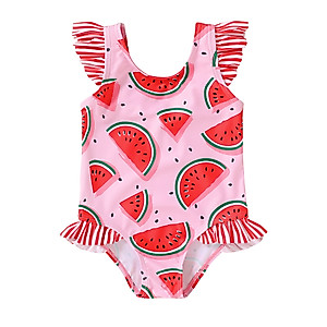Tiny Cutey Toddler Girl Swimsuit Ruffled Stripe Sleeveless Swimwear One-Piece Baby Girl Bathing Suits (Pink-Watermelon, 12-18 Months)