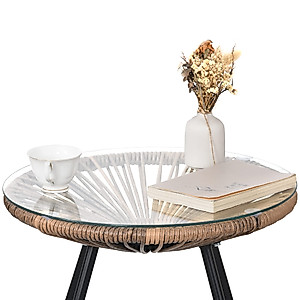 Merax Dark Gray 5-Piece Outdoor Patio Rattan Bistro Set, All-Weather PE Wicker Arm Stools and Glass Tea Balcony, Porch Yard Natural, 2 Chairs + 1 Table