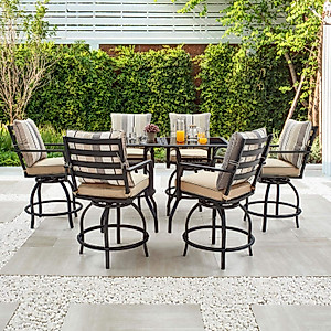 Patio Festival Outdoor Swivel Bar Stools Patio Height Chairs Set Includes 6 Bistro Chairs and 2 Glass Top Tables All-Weather Steel Frame Furniture for Lawn Yard Deck and Pool