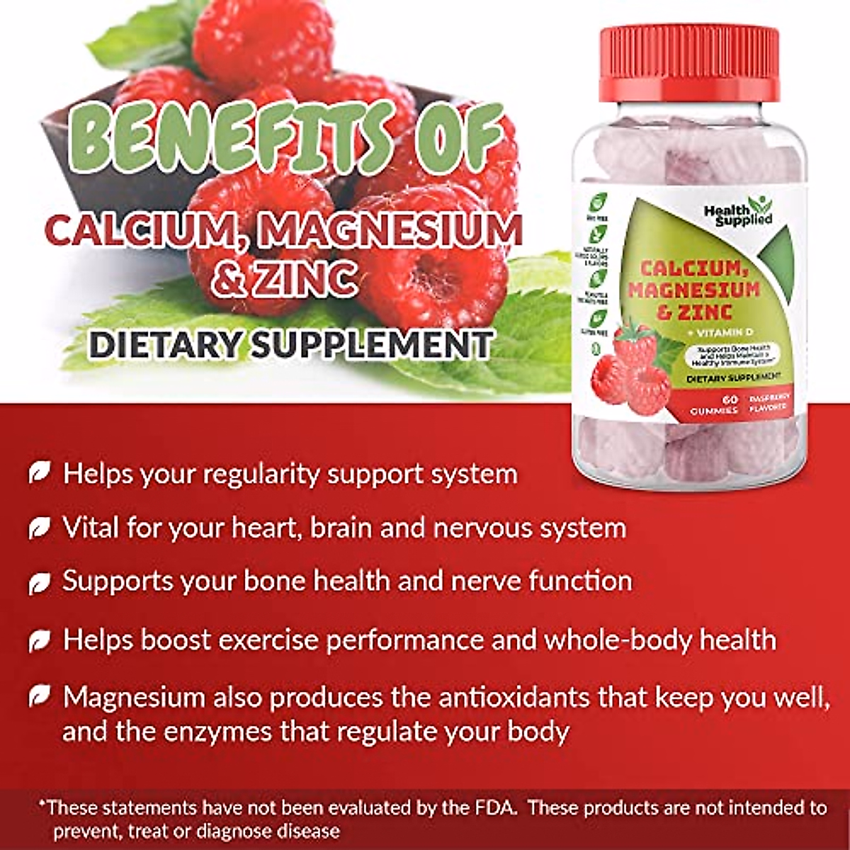 Calcium Magnesium & Zinc + Vitamin D Gummies | Bone Health Immune Health Energy and Muscle Function | Daily Dietary Vitamin Supplement | for Adults, Teens | Fruity Raspberry Flavor