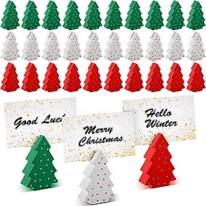 Kigley 60 Pcs Mini Christmas Tree Place Card Holders Wooden Xmas Table Number Holder Wood Table Sign Picture Holder Stand for Christmas Table Decor Party Favors