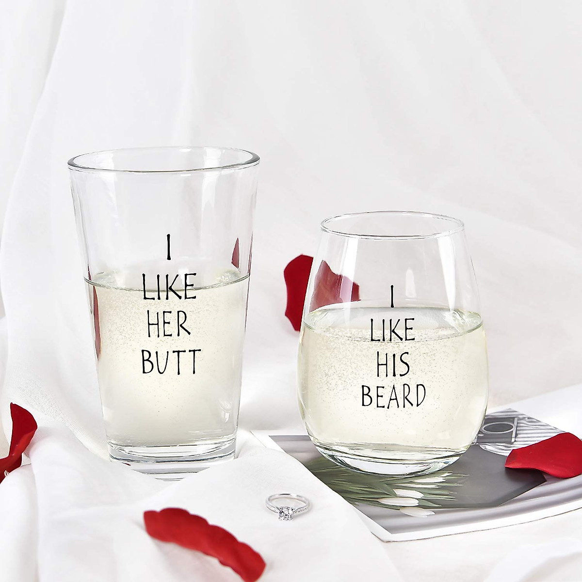 I Like His Beard Stemless Wine Glass and I Like Her Butt Beer Glass Set for Couples, Wife Husband, Fiance Fiancee, Gift Idea for Engagement, Wedding, Christmas, Bridal Shower, Valentine's Day, 15Oz